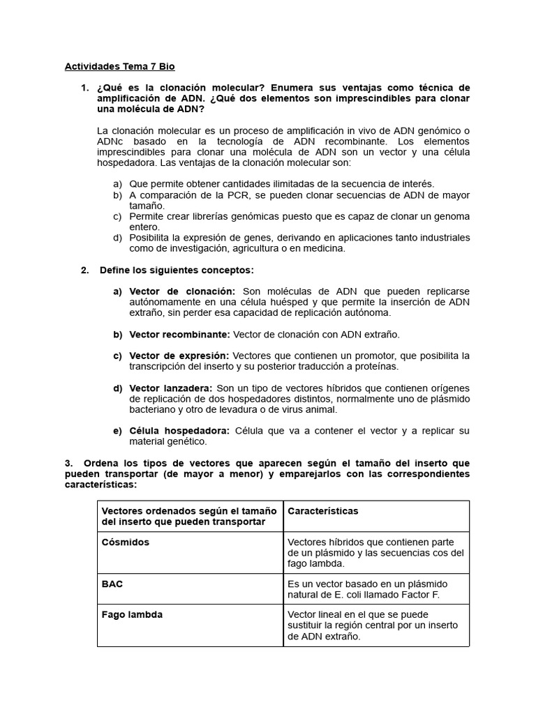 Actividades Tema 7 | PDF | Plásmido | Adn