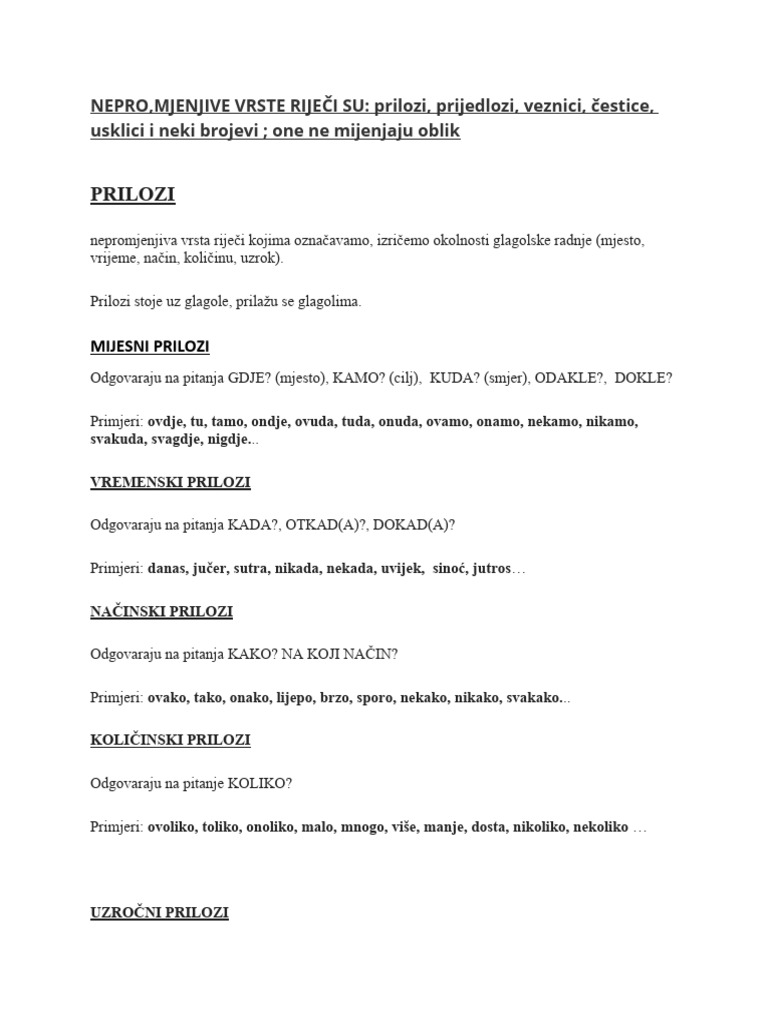 Nepromjenjive Vrste Riječi | PDF