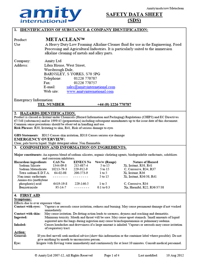 SDS Metaclean Row | PDF | Workplace | Working Conditions