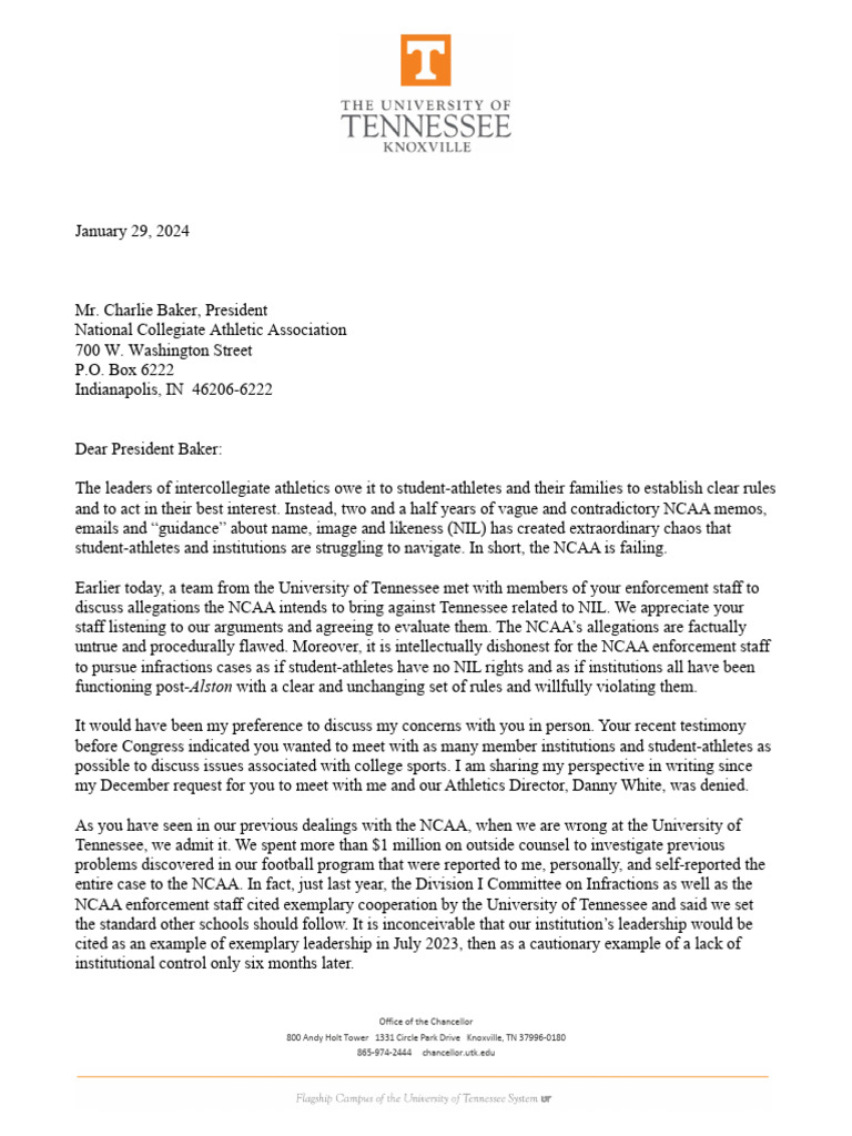 Correspondence Between The Office of The NCAA President and The Office ...