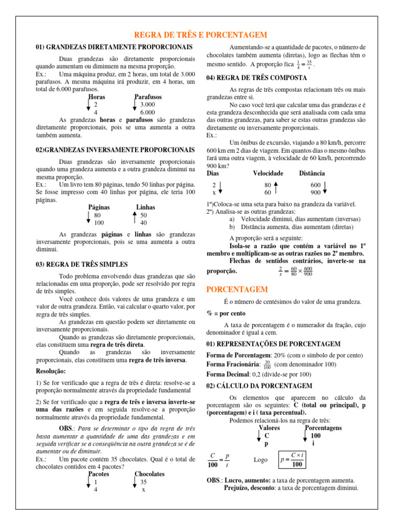 Resumo Regra de Três Simples e Composta | Download grátis PDF | Percentagem | Aritmética