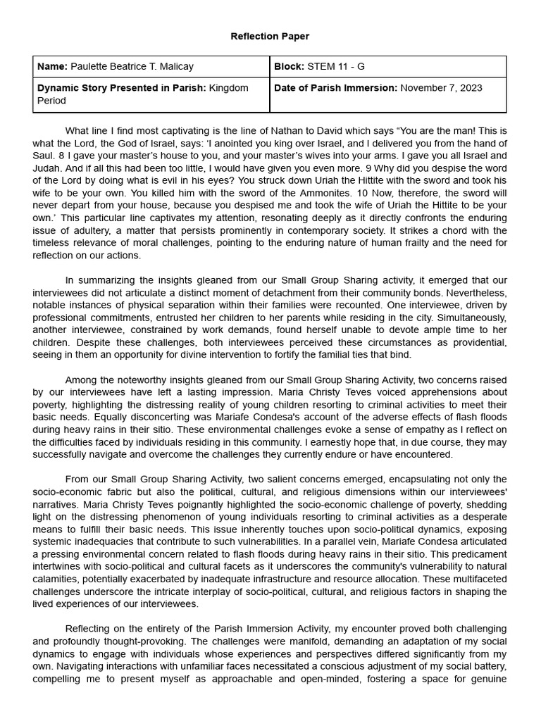 Reflection Paper Parish Immersion | PDF