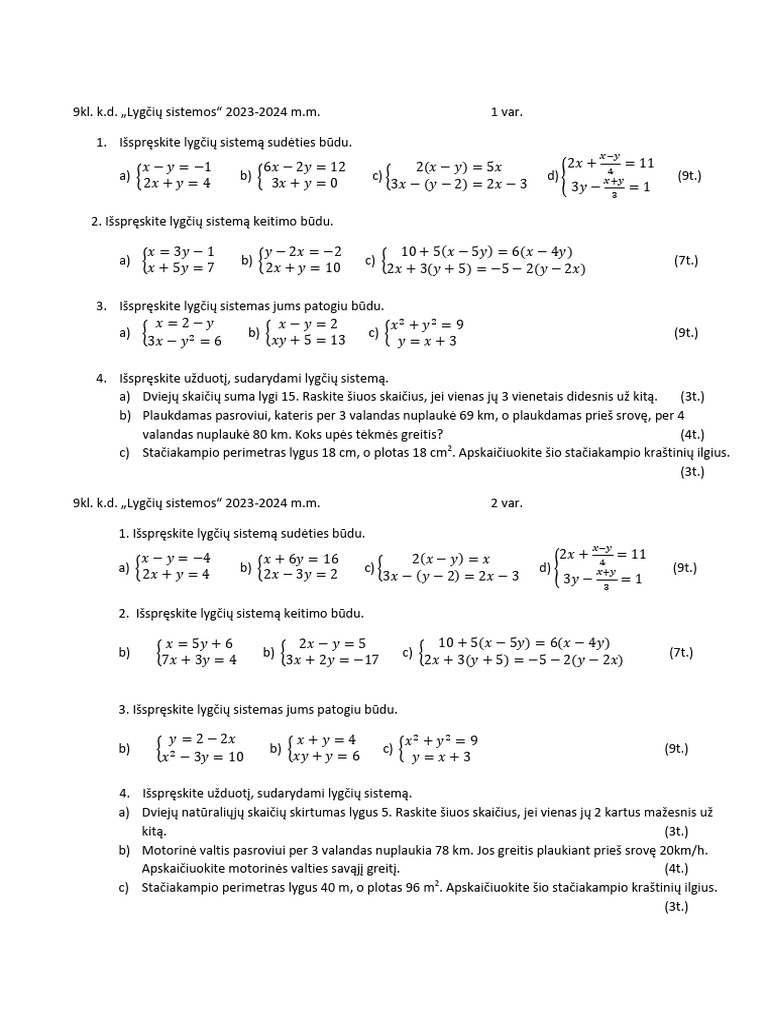 Lygciu Sistemos 9kl | PDF
