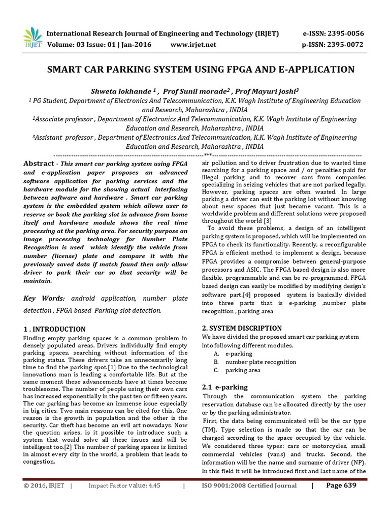 Smart Car Parking System Using Fpga And Pdf Field Programmable Gate Array Optical