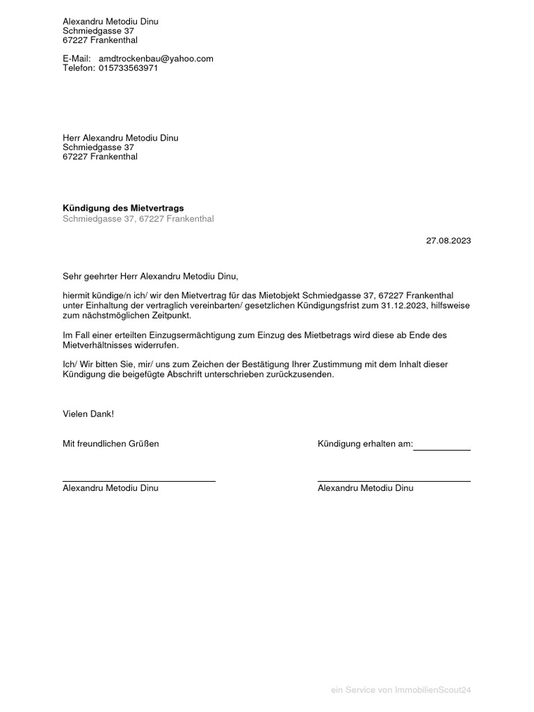 Kundigung Bestatigung Muster