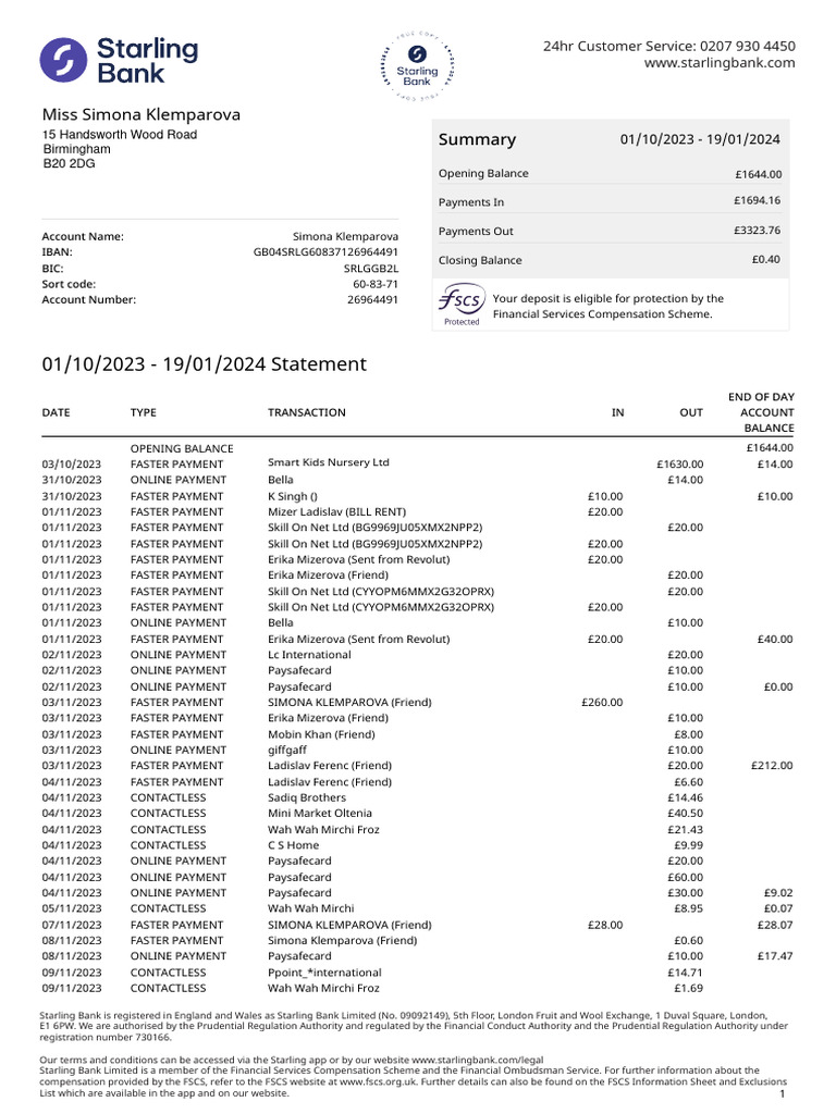 StarlingStatement - 01 10 2023 - 19 01 2024 | PDF | Services (Economics ...