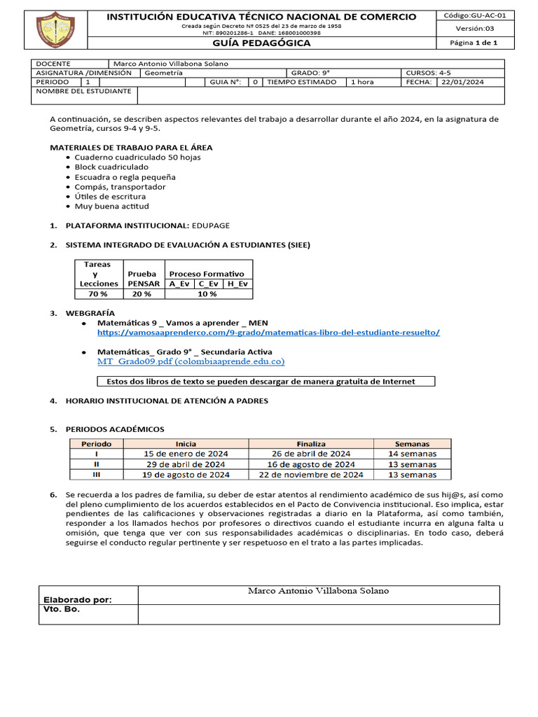 Guía 0 Geom 9° | PDF | Aprendizaje
