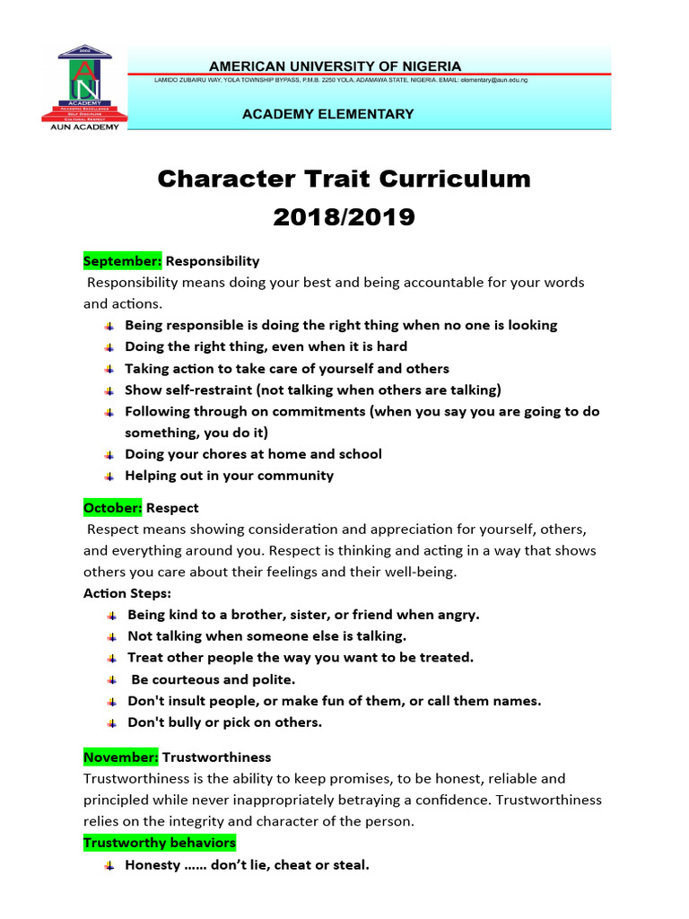 Character Trait Curriculum | PDF | Psychology | Psychological Concepts