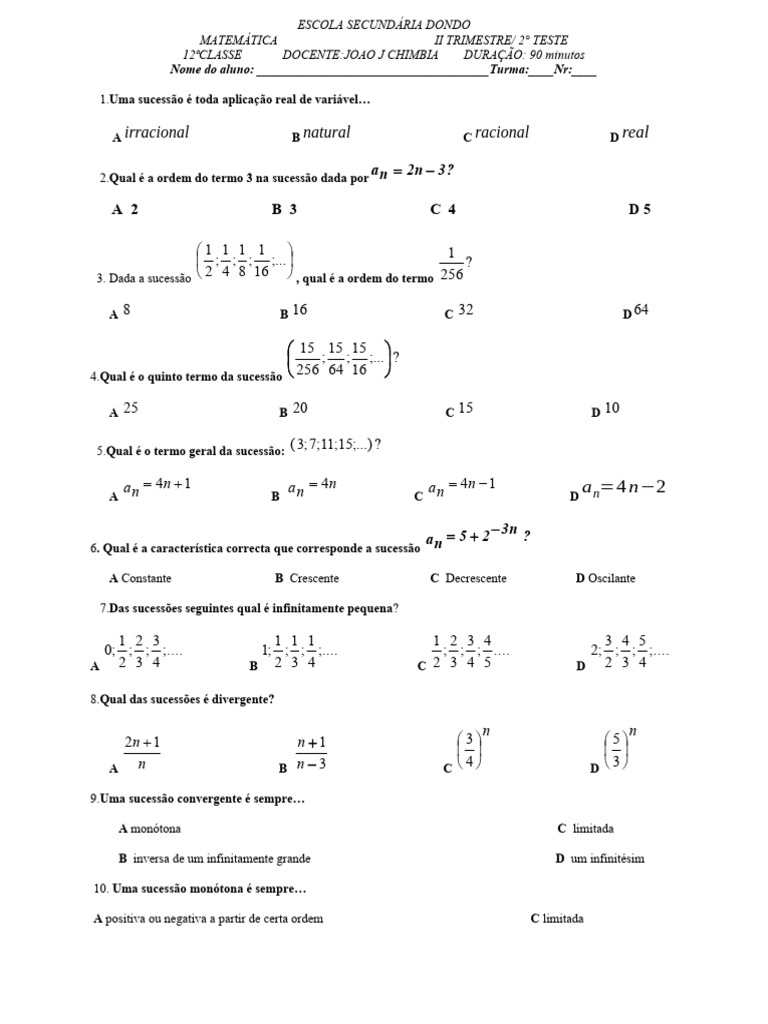 II Teste de Matematica..... 2022 | Download grátis PDF | Matemática