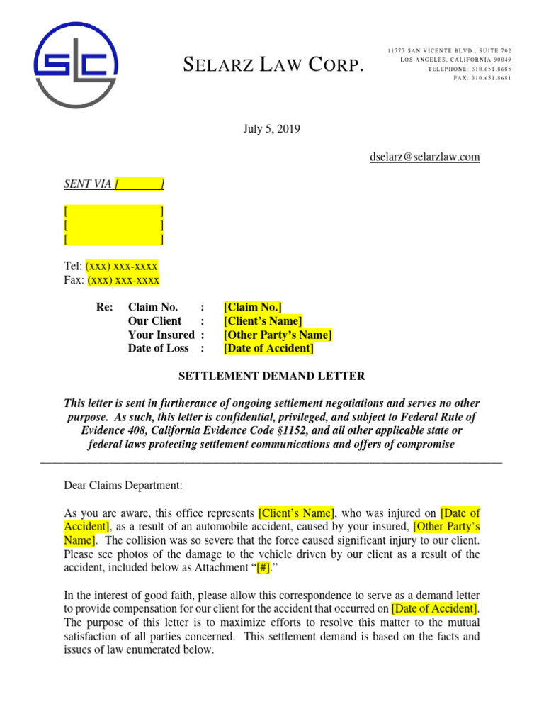 Settlement Demand for Claims Dept | PDF | Negligence | Pain