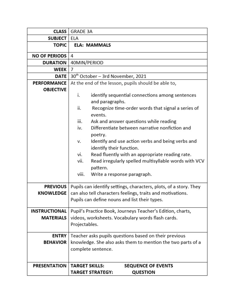 Grade 3 Week 7 Ela Lesson Plan | PDF | Subject (Grammar) | Verb