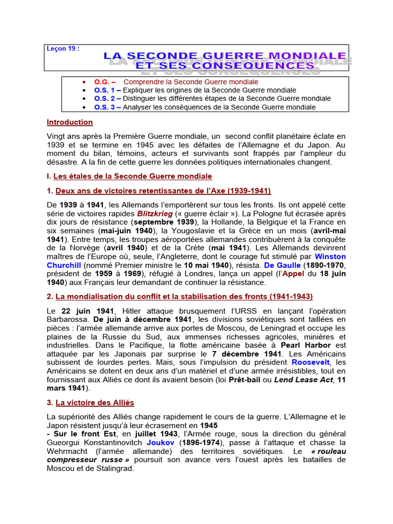 Leçon 19 - La Seconde Guerre Mondiale Et Ses Conséquences | PDF ...