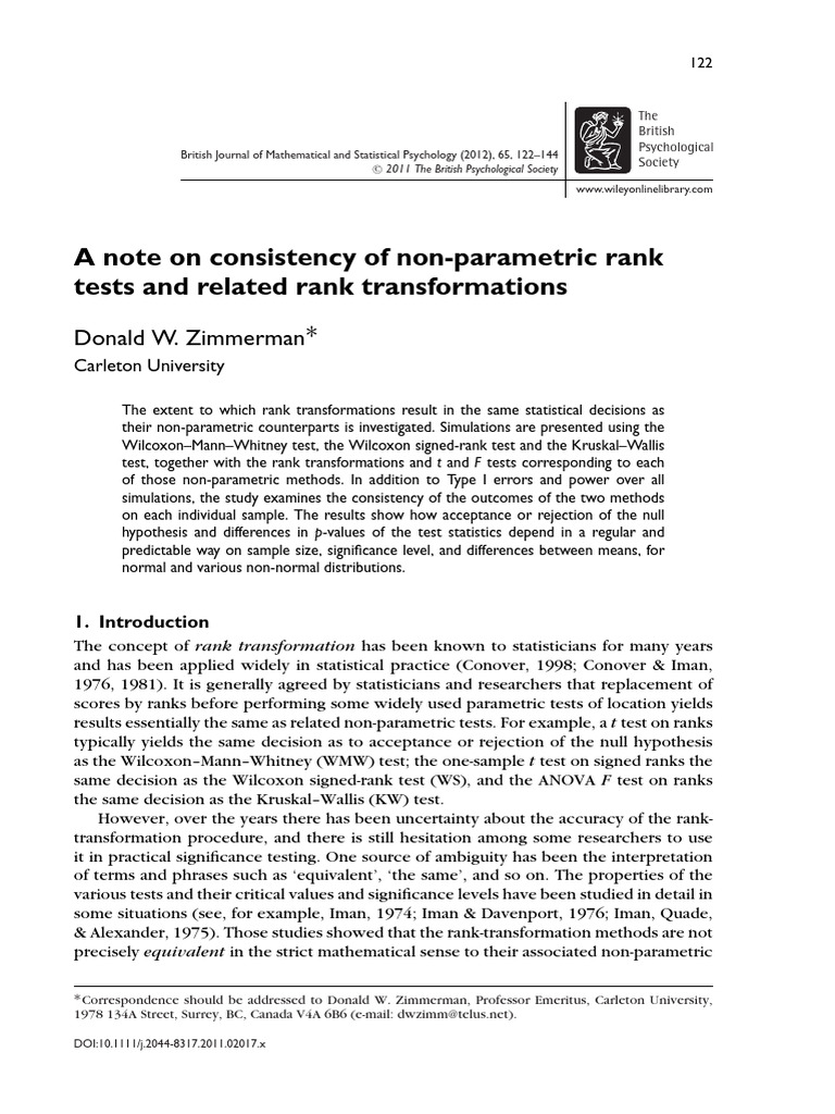 Zimmerman 2012 A Note On Consistency of Non-Parametric Rank Tests and ...