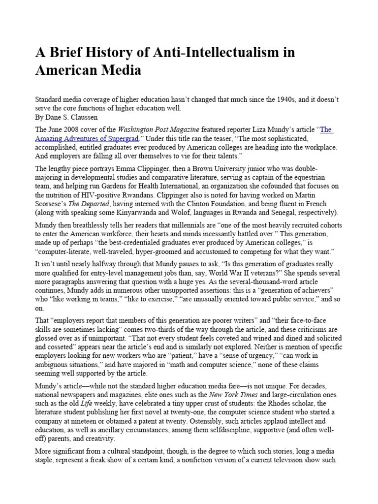 A Brief History of Anti-Intellectualism in American Media | PDF