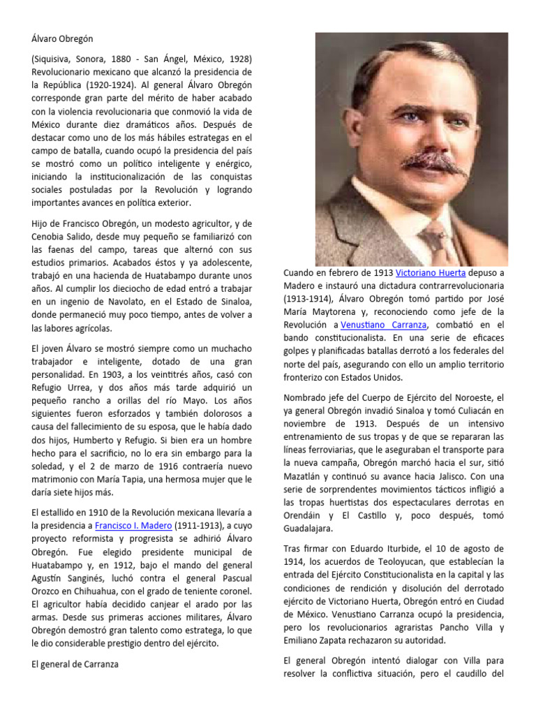 Biografía de Álvaro Obregón para Niños | PDF | revolución mejicana ...