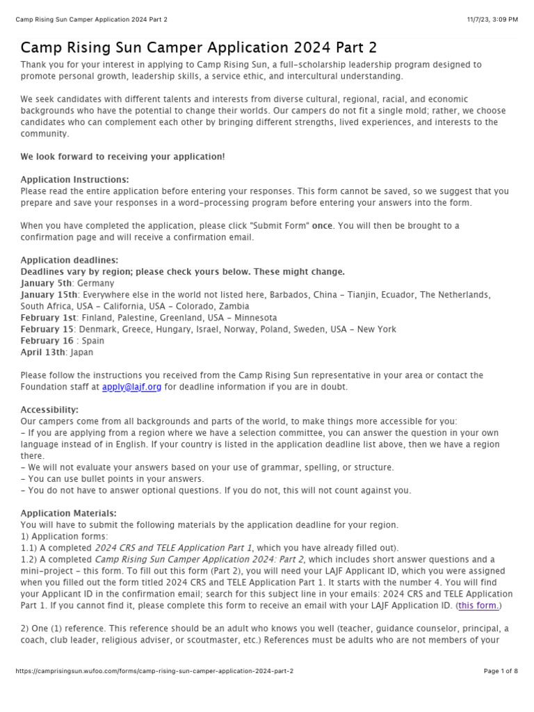 Camp Rising Sun Camper Application 2024 Part 2 | PDF | Race And ...