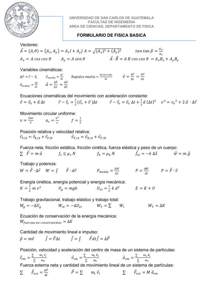 Formulario Fisica Basica | PDF | Fuerza | Física Aplicada e Interdisciplinaria