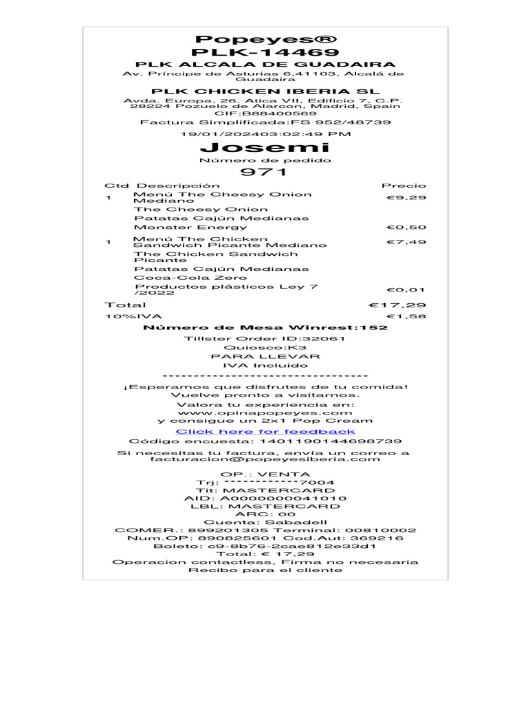 Popeyes Ticket N 971 150254 | PDF