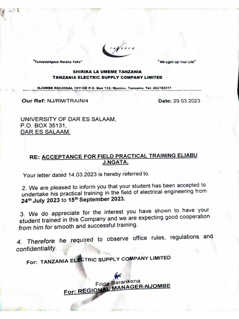 TANESCO Acceptance Letter | PDF