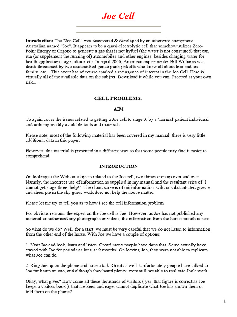 Joe Cell | PDF | Electricity | Applied And Interdisciplinary Physics