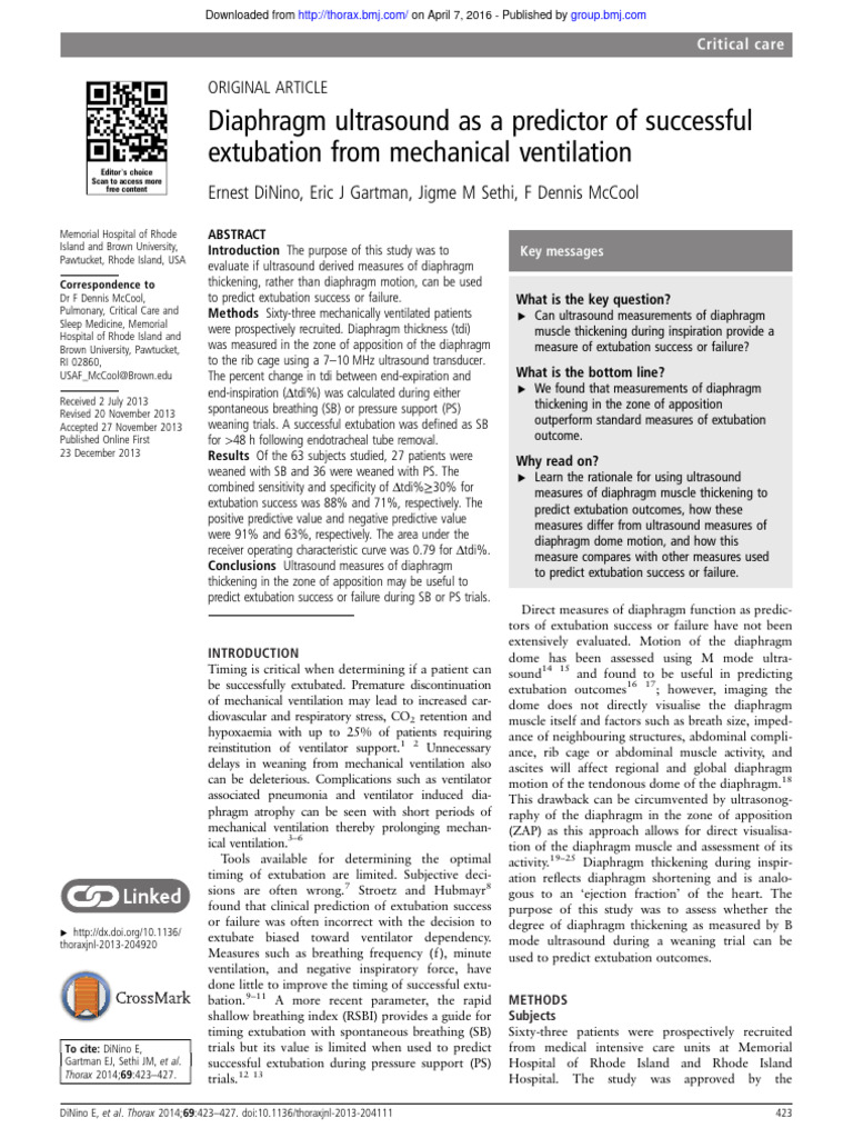 Diaphragm Ultrasound As A Predictor of Successful Extubation | PDF ...