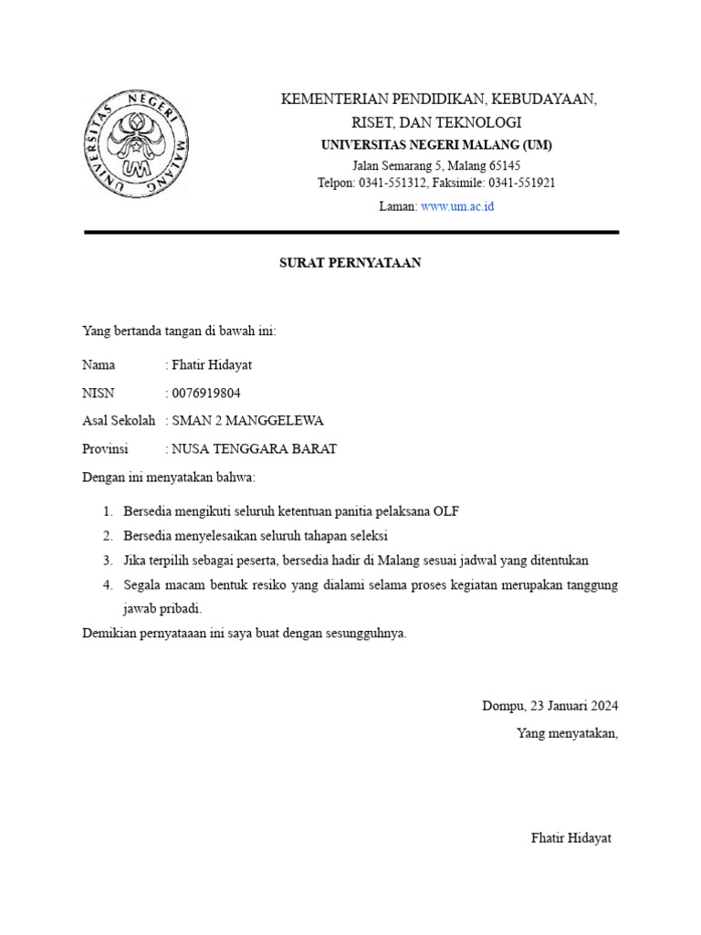 Surat Pernyataan OLF | PDF