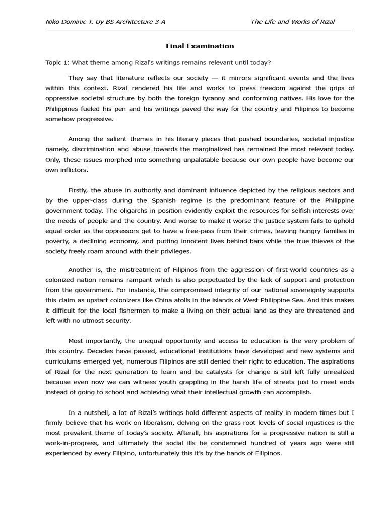 Uy, Nd. - Rizal Final Exam and Project | PDF | Philippines | Justice