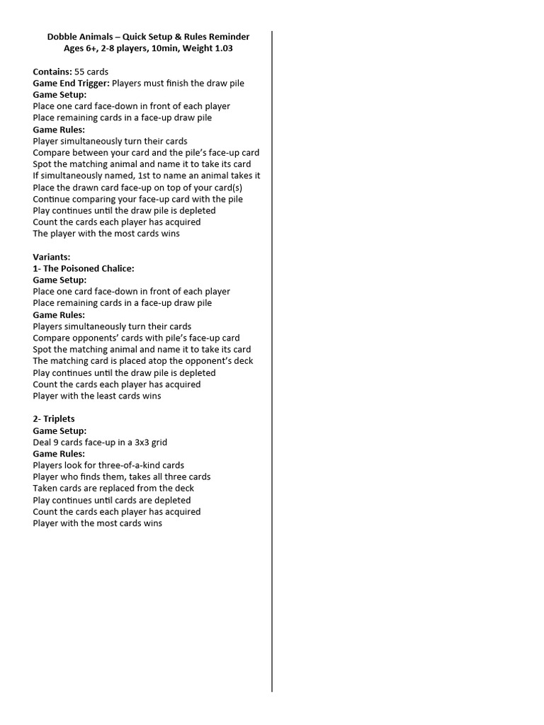 Dobble Animals - Quick Setup & Rules Reminder | PDF | Sports & Recreation