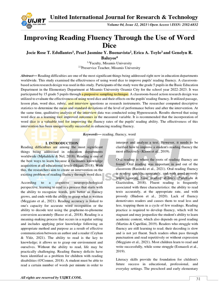 Improving Reading Fluency Through The Use of Word Dice | PDF | Reading Comprehension | Fluency