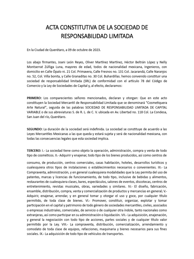 Acta Constitutiva (Contratos Mercantiles) Grupo B | Descargar gratis PDF | Sociedad de ...
