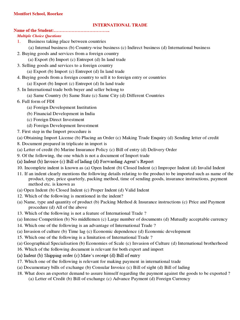 INTERNATIONAL TRADE-Work Sheet | Download Free PDF | Letter Of Credit ...