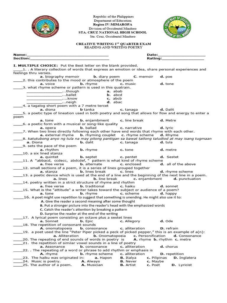 2018 Creative Writing 1ST Quarter Exam PDF Poetry Rhyme