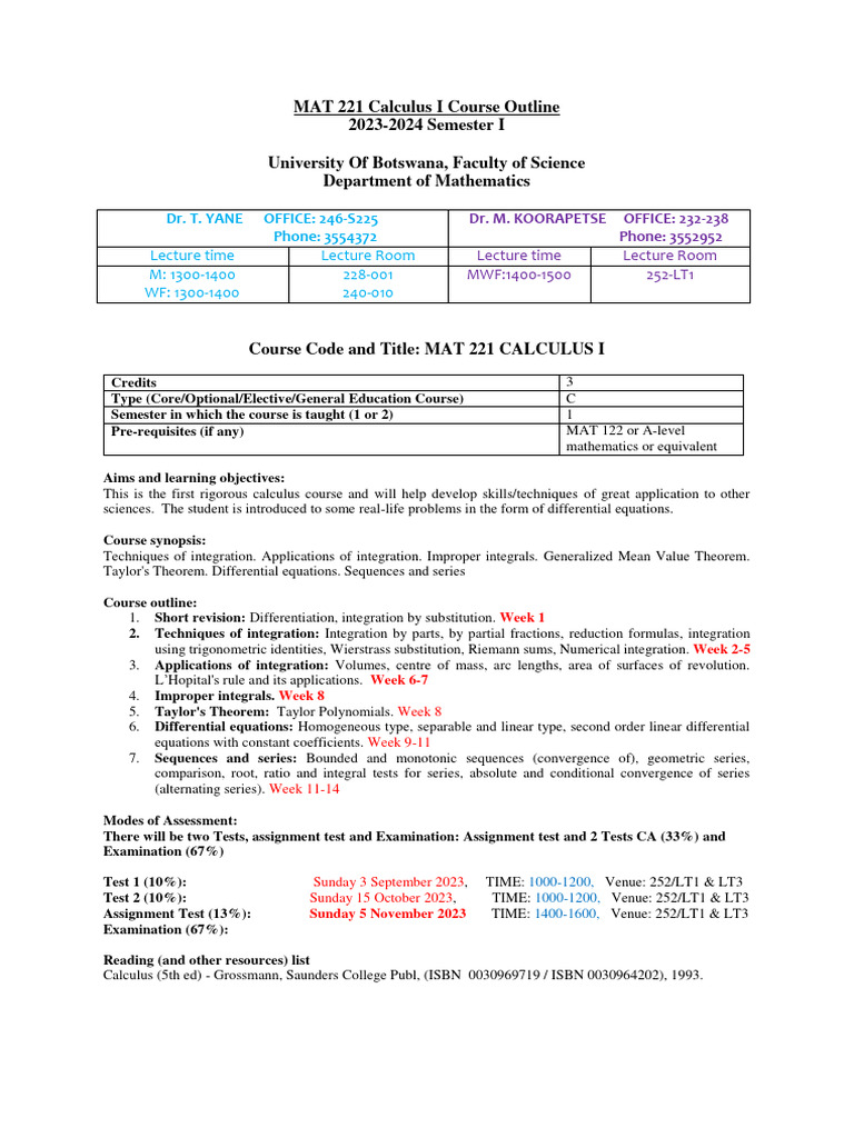 MAT221 Course Outline | PDF | Integral | Equations