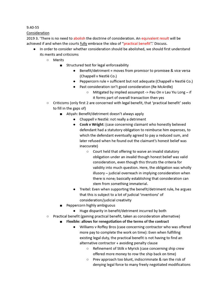 Essay Plans (Contracts) | PDF | Consideration | Civil Law (Legal System)
