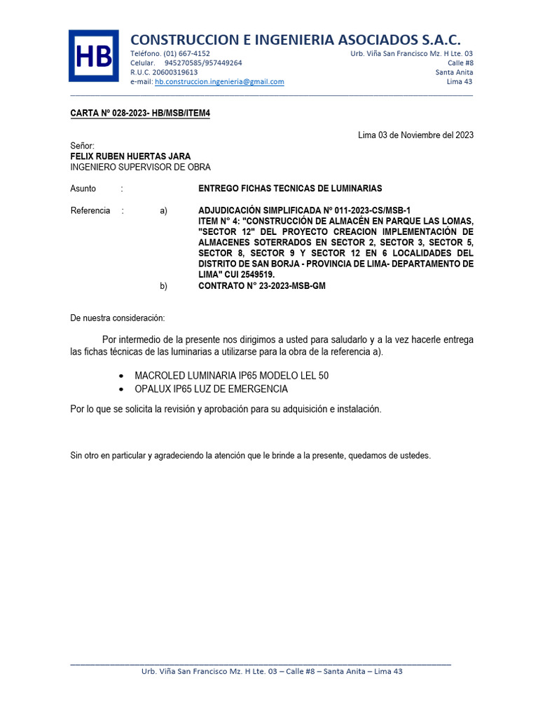 Carta HB N°028 - 2023-ITEM4 - ENTREGA FT. LUMINARIAS | PDF