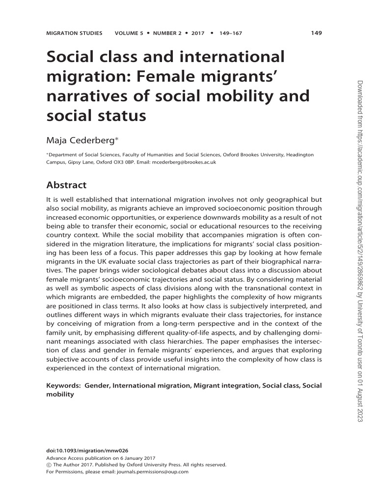 Social Class and International Migration: Female Migrants' Narratives ...