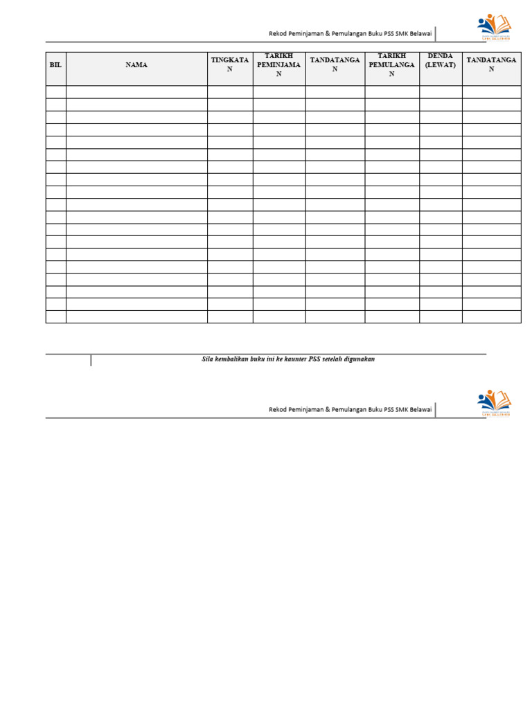 Borang DLM BUKU LOG Peminjaman & Pemulangan Buku PSS | PDF