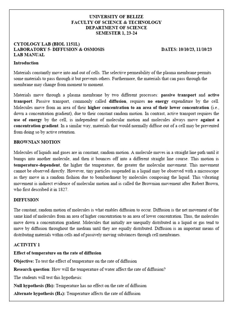 Lab 5 - Diffusion and Osmosis - Lab Manual, 23 | PDF | Diffusion | Cell Membrane