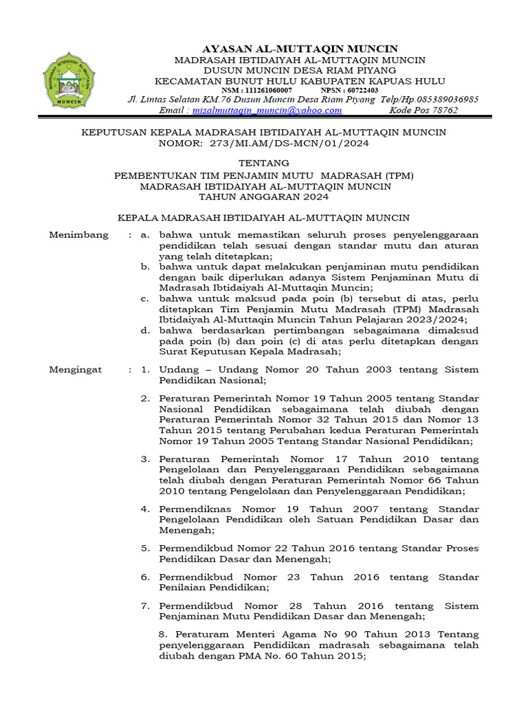 SK Tim Penjamin Mutu (TPM) - Mis Muncin-2024 | PDF