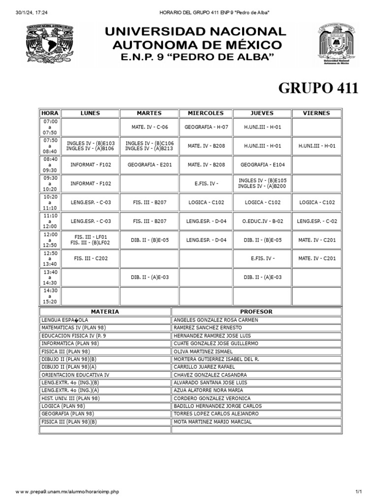 HORARIO DEL GRUPO 411 ENP 9 - Pedro de Alba | PDF