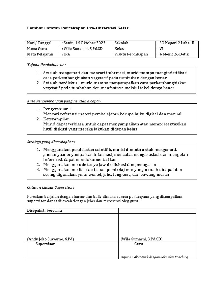 1 - Lembar Catatan Percakapan Pra-Observasi Kelas | PDF