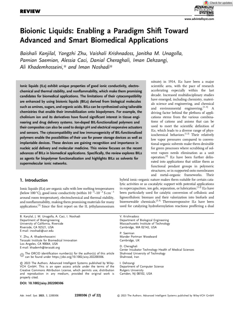 Advanced Intelligent Systems - 2023 - Kanjilal - Bioionic Liquids Enabling A Paradigm Shift ...
