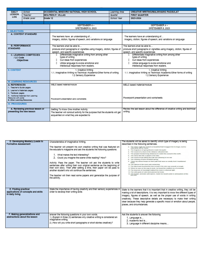 DLL CW W1 | PDF | Writing | Teachers