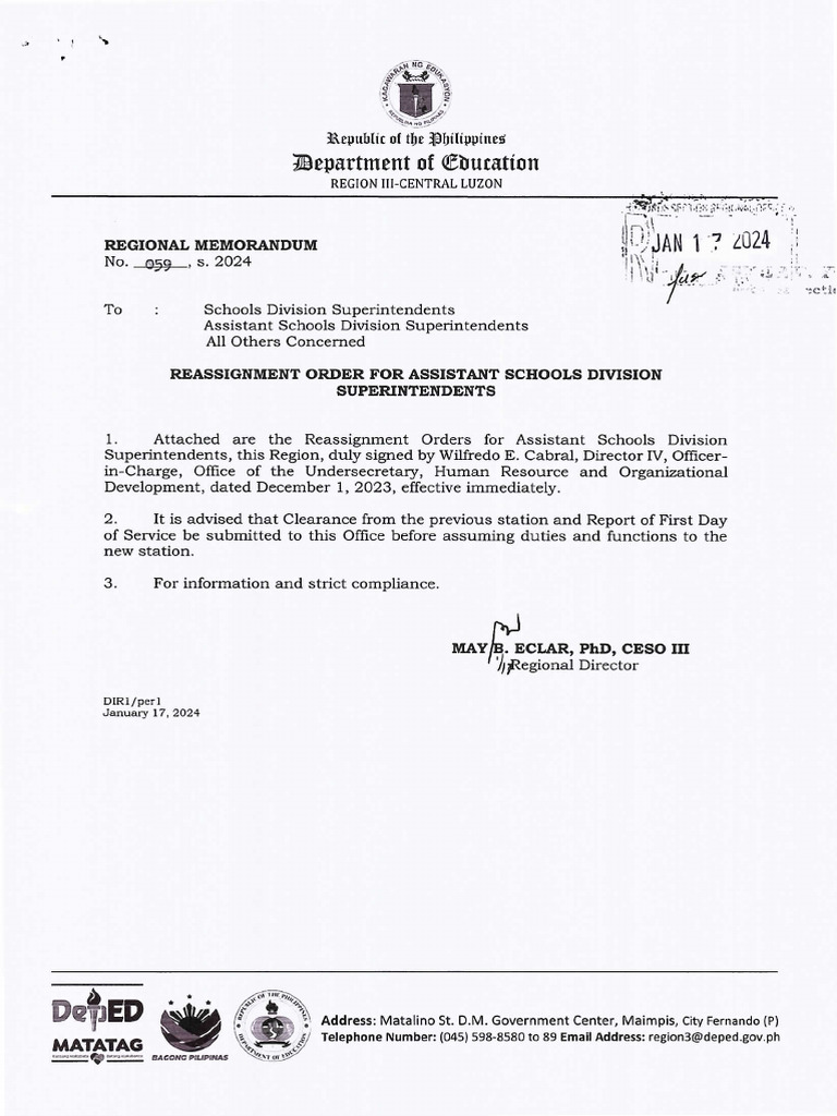 RM No. 059 S.2024 Reassignment Order For Assistant Schools Division Superintendents | PDF