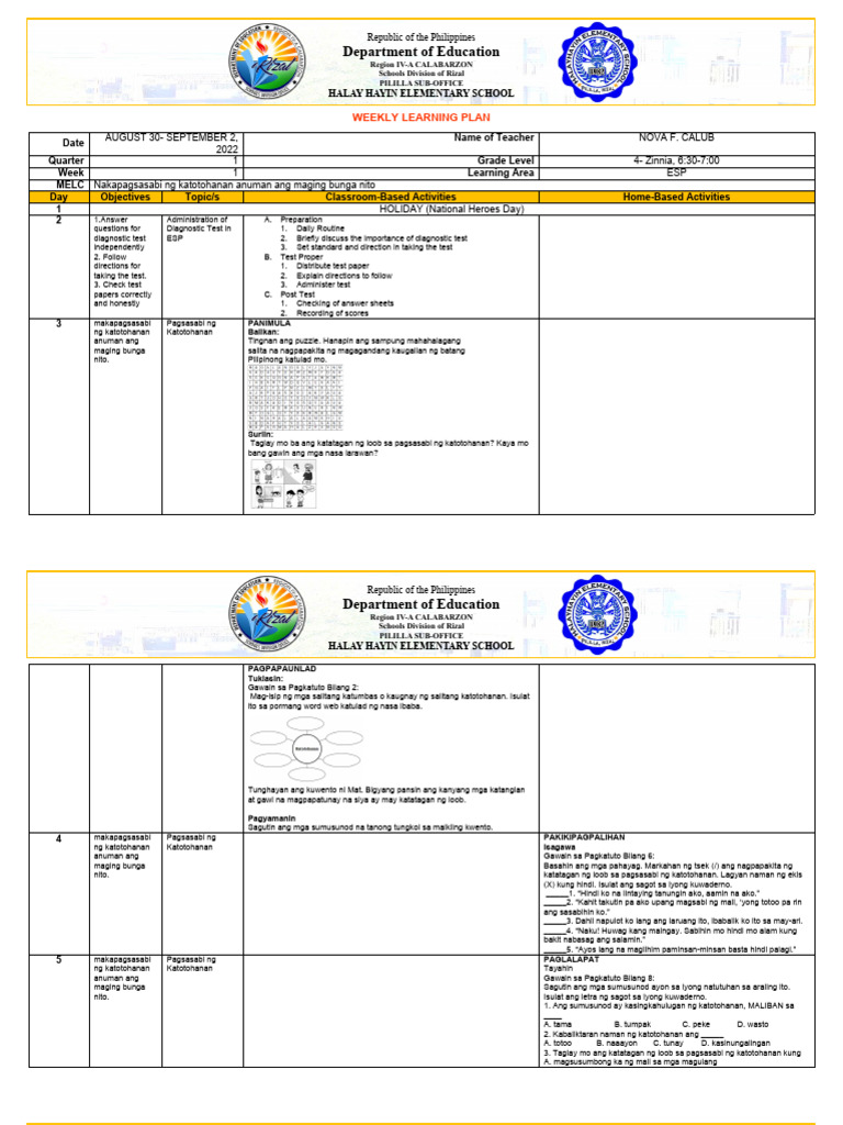 Department of Education: Weekly Learning Plan | PDF