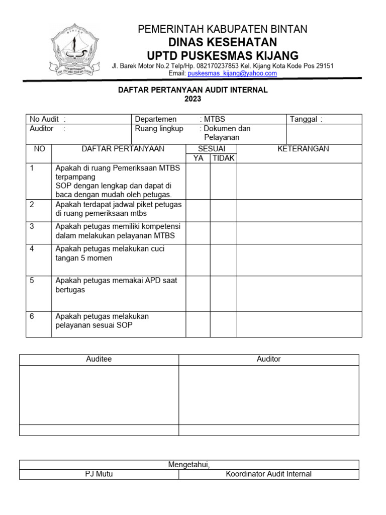 Form Audit Internal PKM Kijang | PDF