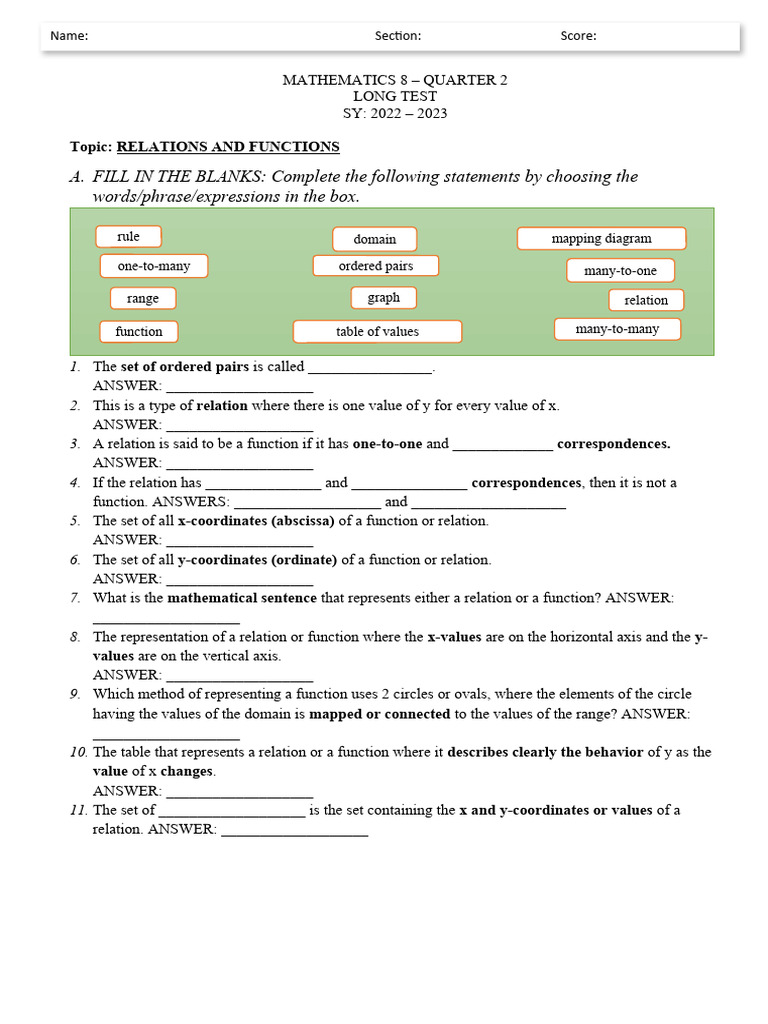 Math 8 Q2 Long Test Pdf Function Mathematics Cartesian