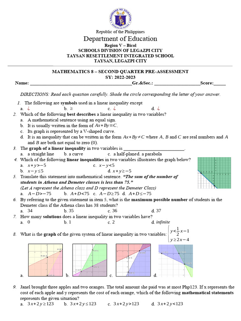 Mathq2 Pretest | Download Free PDF | Variable (Mathematics ...