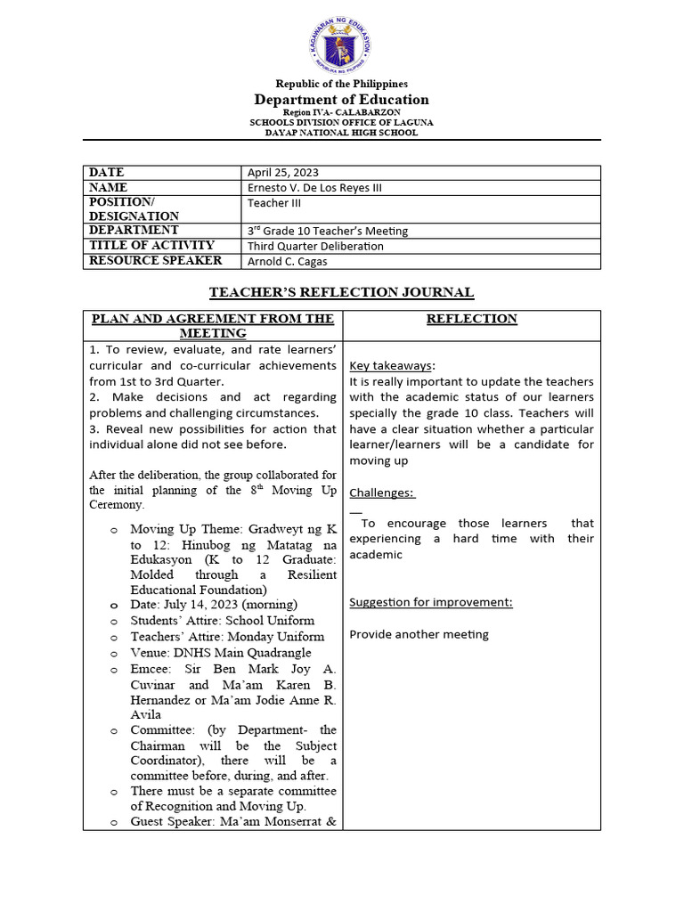 1-EVDR-reflection-3rd Grading Meeting g10 | PDF | Learning