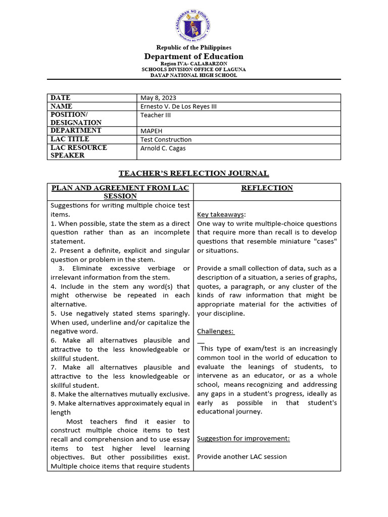1-EVDR-reflection-journal.2nd Quarter Grade 10 Meeting | PDF | Multiple ...